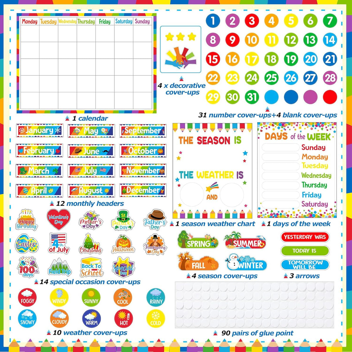 Tenare Calendar Bulletin Board Set, Calendar Seasons Weather Chart ...