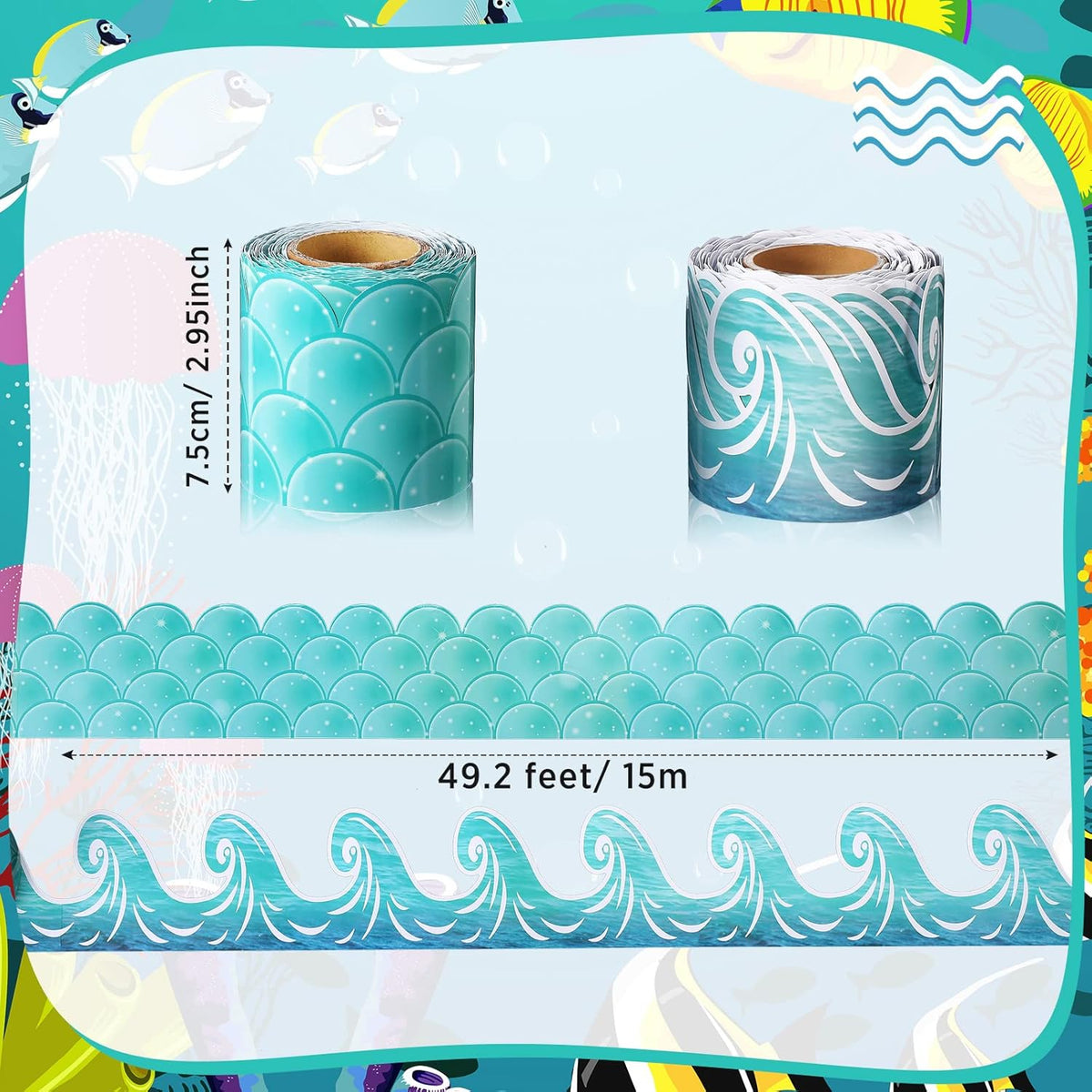2 Rolls Ocean Waves Bulletin Board Border Blue Turquoise Scallops ...
