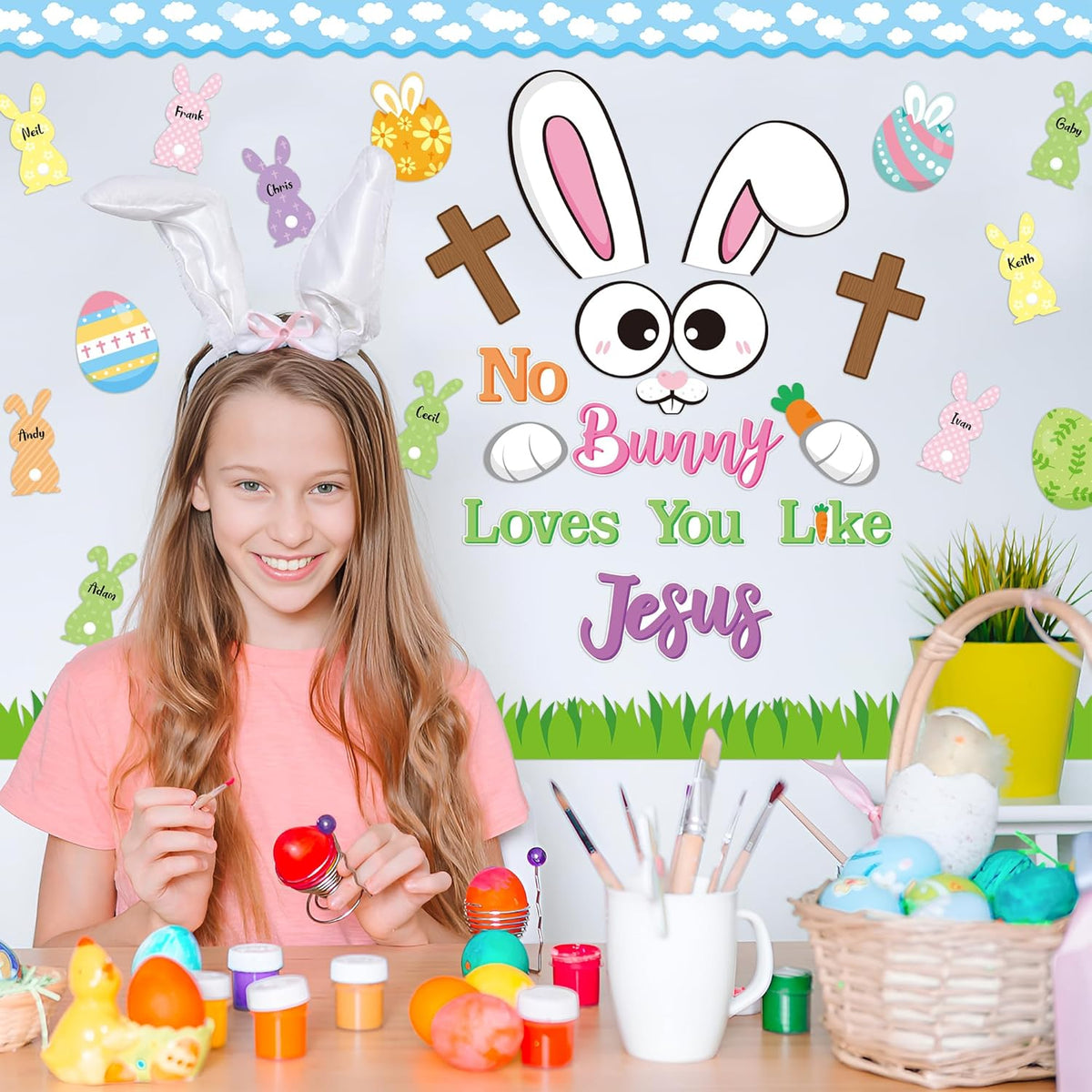 BeYumi 86Pcs Easter Bunny Christian Cross Bulletin Board Set No Bunny ...