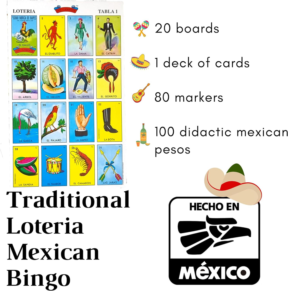 The Original Loteria Mexican Bingo Game with 100 Mexican pesos for 20 ...