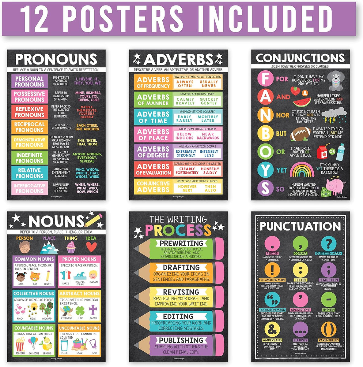 Hadley Designs 12 Chalkboard Parts of Speech Posters for Elementary ...