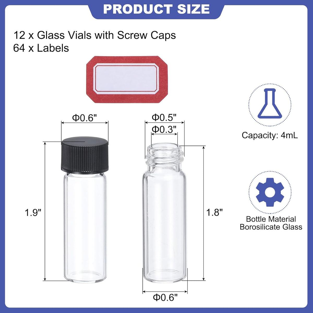 PATIKIL 4ml Clear Glass Vials, 12 Pack Sample Vials with Screw Cap ...
