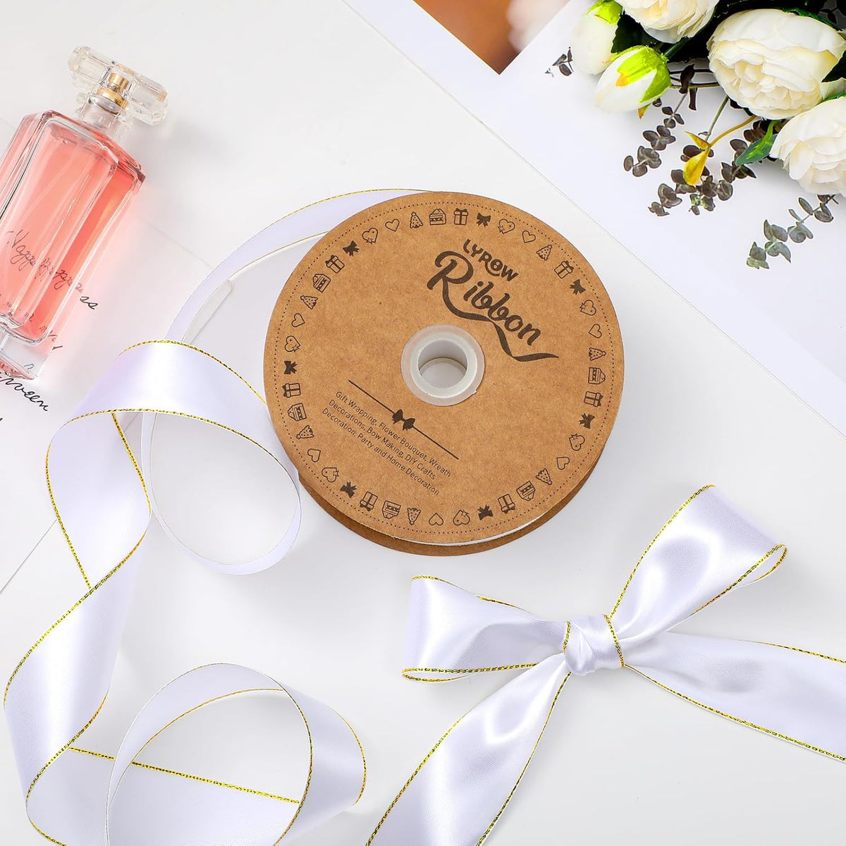 Lyrow 100 Yards White Satin Ribbon with Gold Edges 1.5 Inch Gold Border ...