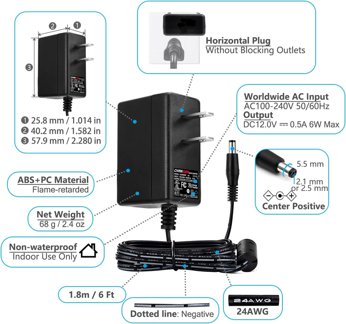 Chanzon 12V 0.5A 6W Power Supply AC DC Switching Adapter, 12 Volt .5a ...