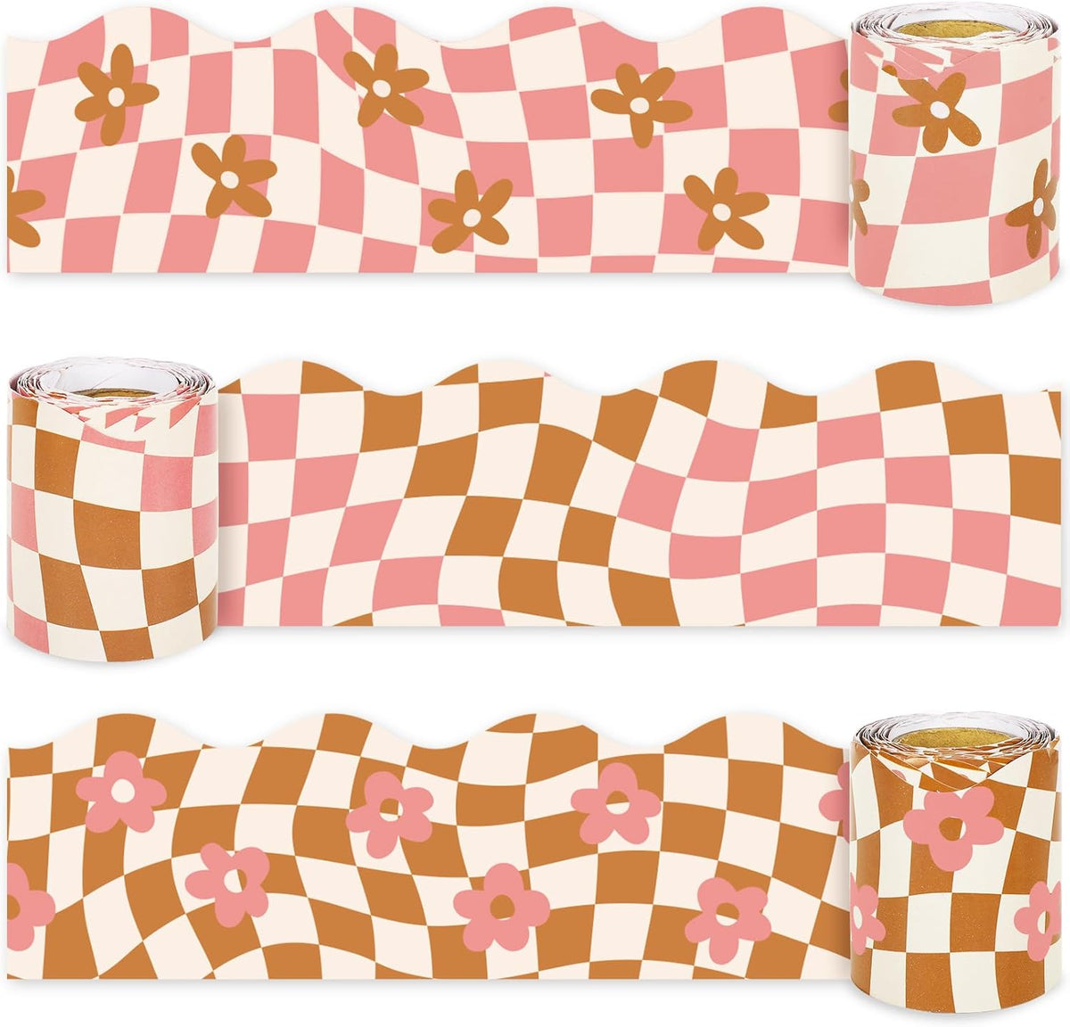 Whaline 98.4ft Retro Groovy Bulletin Board Borders Pink Brown Checkered ...