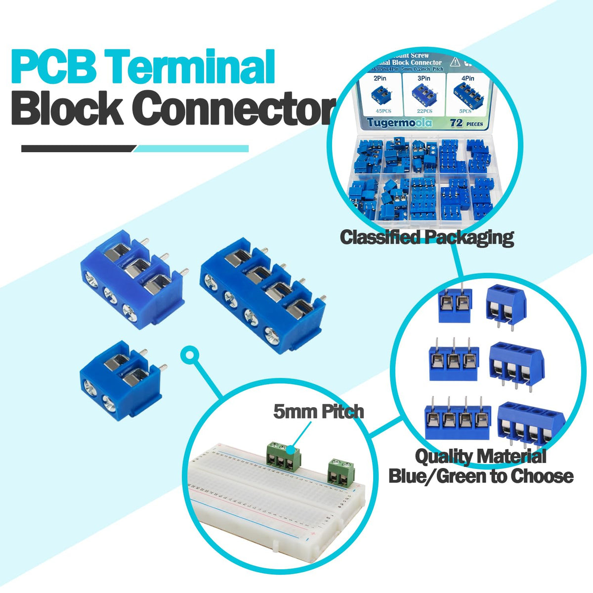 72PCS 5mm/0.2inch Pitch PCB Mount Screw Terminal Block Connector 2Pin ...
