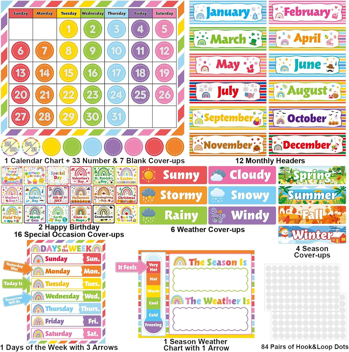 Rainbow Classroom Calendar Bulletin Board Set, Seasons Weather Days of ...