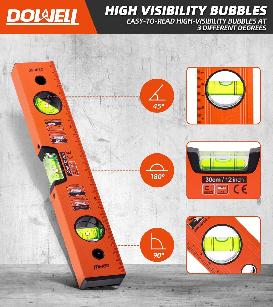 DOWELL 12 Inch Magnetic Spirit Level with Metric Scale, 3 Different ...